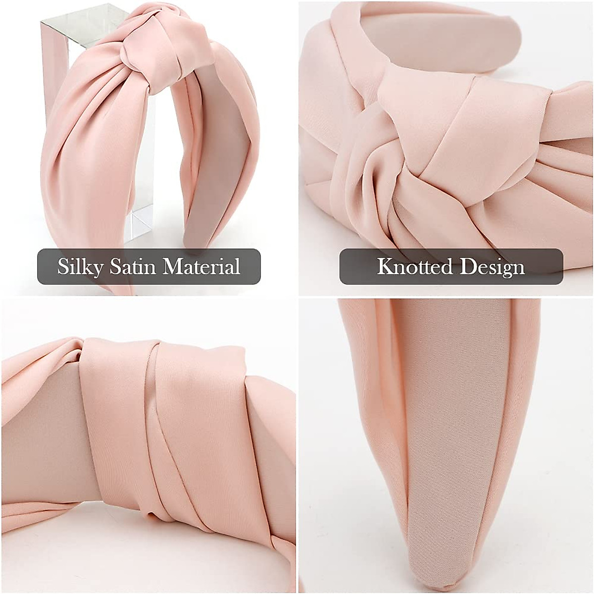 Atoden Knotted Headbands for Women 2Pcs Top Knot Headbands Head Bands for Women's Hair Wide Headbands Non Slip Satin Silk Hair Bands White Headband Pink Headband Hair Accessories Gifts