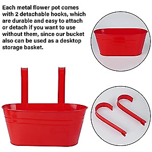 Glory Island 5 Pcs Hanging Flower Pot, Metal Iron Bucket Fence Hanging Planters for Outdoor Plants, Planter Box with Detachable Hooks for Railing Balcony Garden Yard