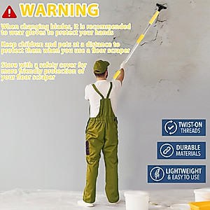 Floor Scraper Long Handle Heavy Duty, 31-61" Floor Scraper Heavy Duty Scraper Tool Thickened Steel Tube with 4inch sharp Blades 10PCS Extra Metal Paint Scraper Ideal for Cleaning.(1 yellow)