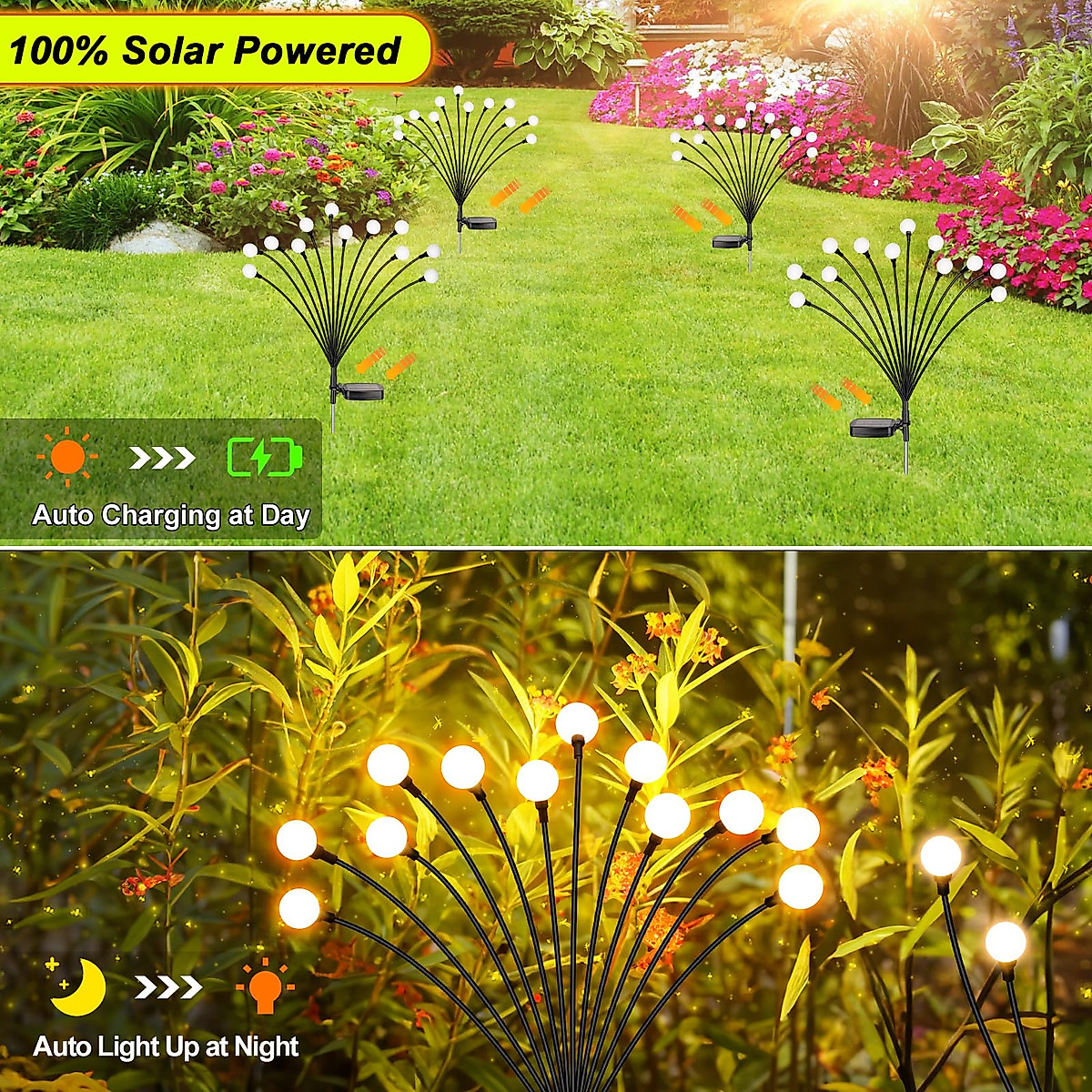 48 LED 4 Packs Solar Garden Lights, Firefly Lights Solar Outdoor Waterproof, Swaying Outdoor Lights with 2 Modes, High Flexibility Iron, Solar Powered Yard Patio Walkway Pathway Decoration, Warm White
