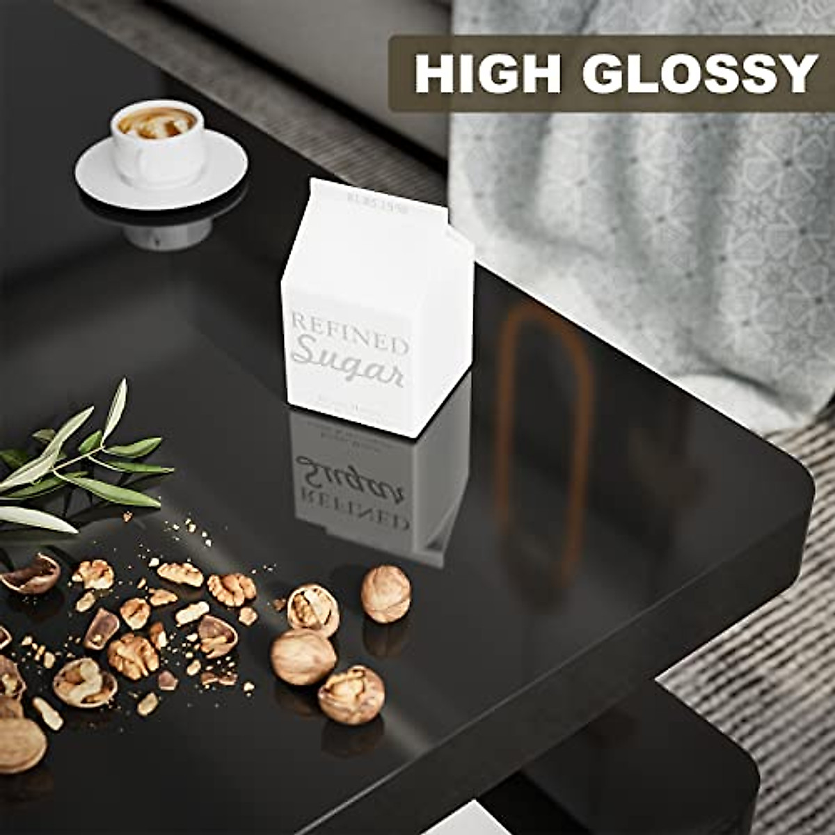 IKIFLY Modern High Glossy Black Coffee Table with 16 Colors LED Lights, Contemporary Rectangle Design Living Room Furniture, 2 Tiers