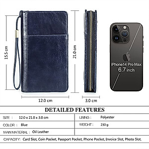 Contacts Passport Wallet Leather Family Passport Holder for 4 Travel Documents Organizer RFID Blocking Zipper Blue Card Wallet with 13 Card Slot