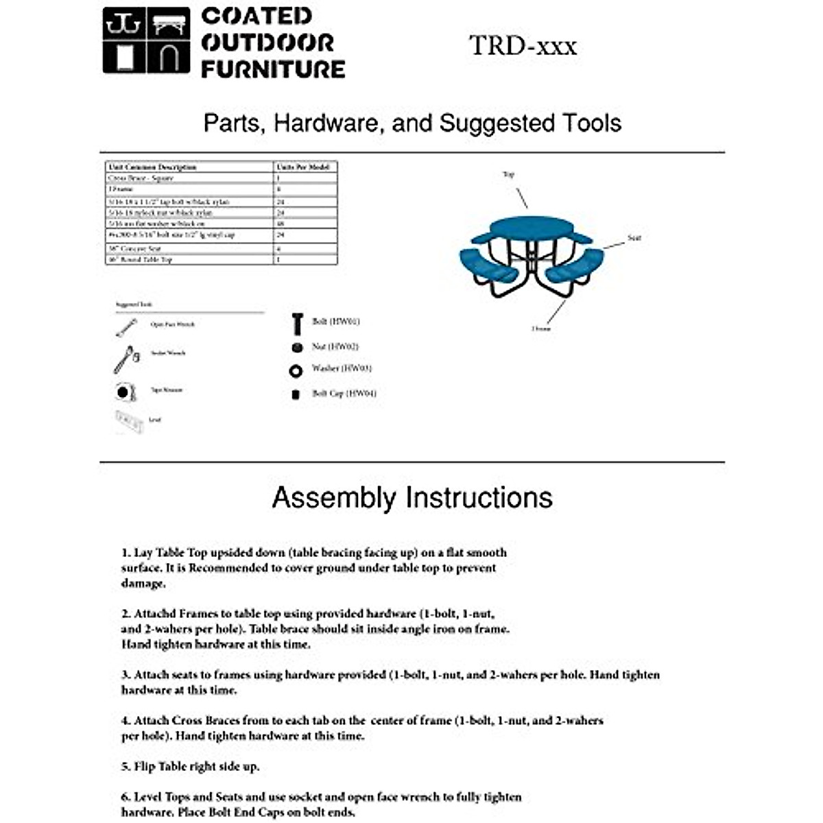 COATED OUTDOOR FURNITURE TRD-BLK Top Round Portable Picnic Table, 46-inch, Black