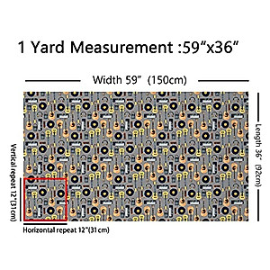 Music Fabric by The Yard, Musical Instruments Upholstery Fabric, Guitar Record Decorative Fabric, Headphones Speaker Indoor Outdoor Fabric, Hippie DIY Art Waterproof Fabric, Yellow Black, 1 Yard