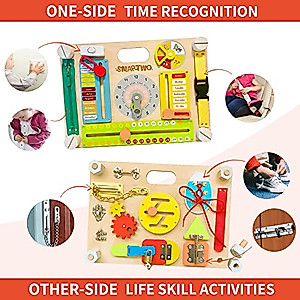 Smartwo Double-Sided Busy Board, 20+ Montessori Activities Wooden Sensory Toy for Preschool Educational Learning, Train Kid’s Fine Motor, Concentration, and Life Skill Abilities