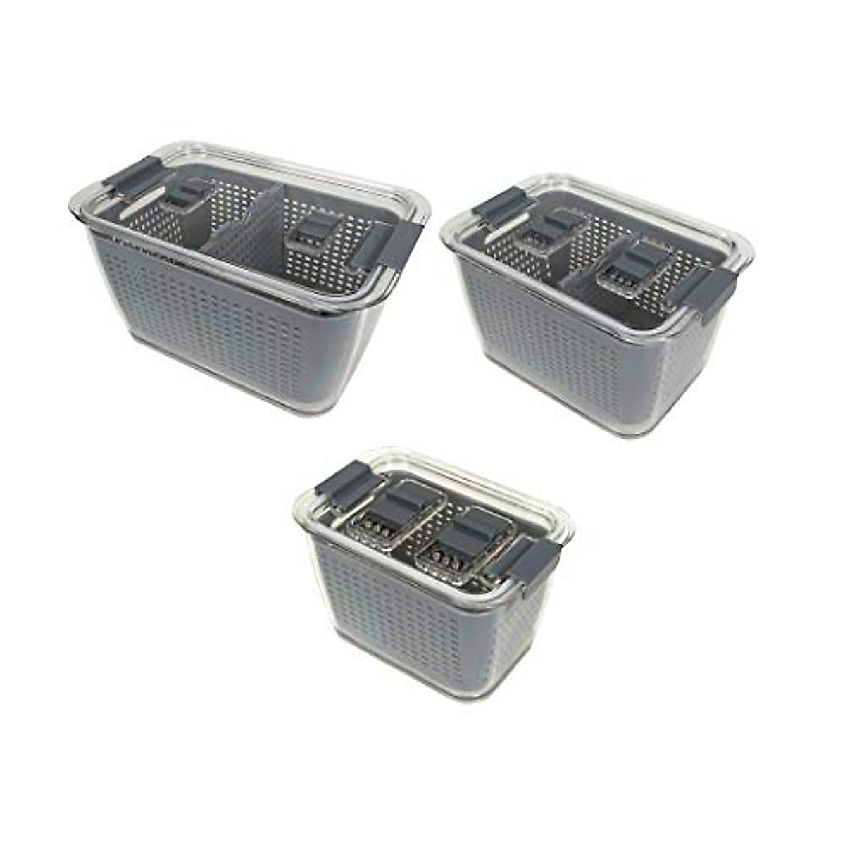 Kitchen Spaces Gray Colander Bin Variety Pack, Fridge Organizers, Produce Storage, Keep Vegetables Fresh, Lettuce, Grape or Strawberry Holder, Three Sizes