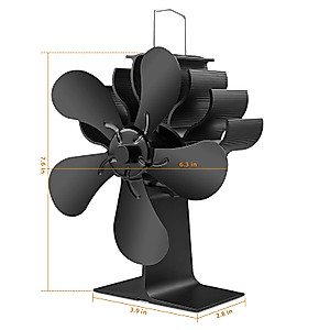 PYBBO Wood Stove Fan 5 Blades, Heat Powered Fireplace Fans Eco Fan for Home Wood/Log Burner Stove, Motors Quiet Motors Operation Circulating Warm Air with Magnetic Thermometer, Wood Stove Accessories