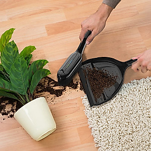 Rubber Bristle Expandable Broom Set with Dustpan & Handheld Rubber Brush for Surface Cleaning, Dust Pet Hair Removal Sofa Sweeping, Built-in Rubber Squeegee Snap, Set of 3, Black