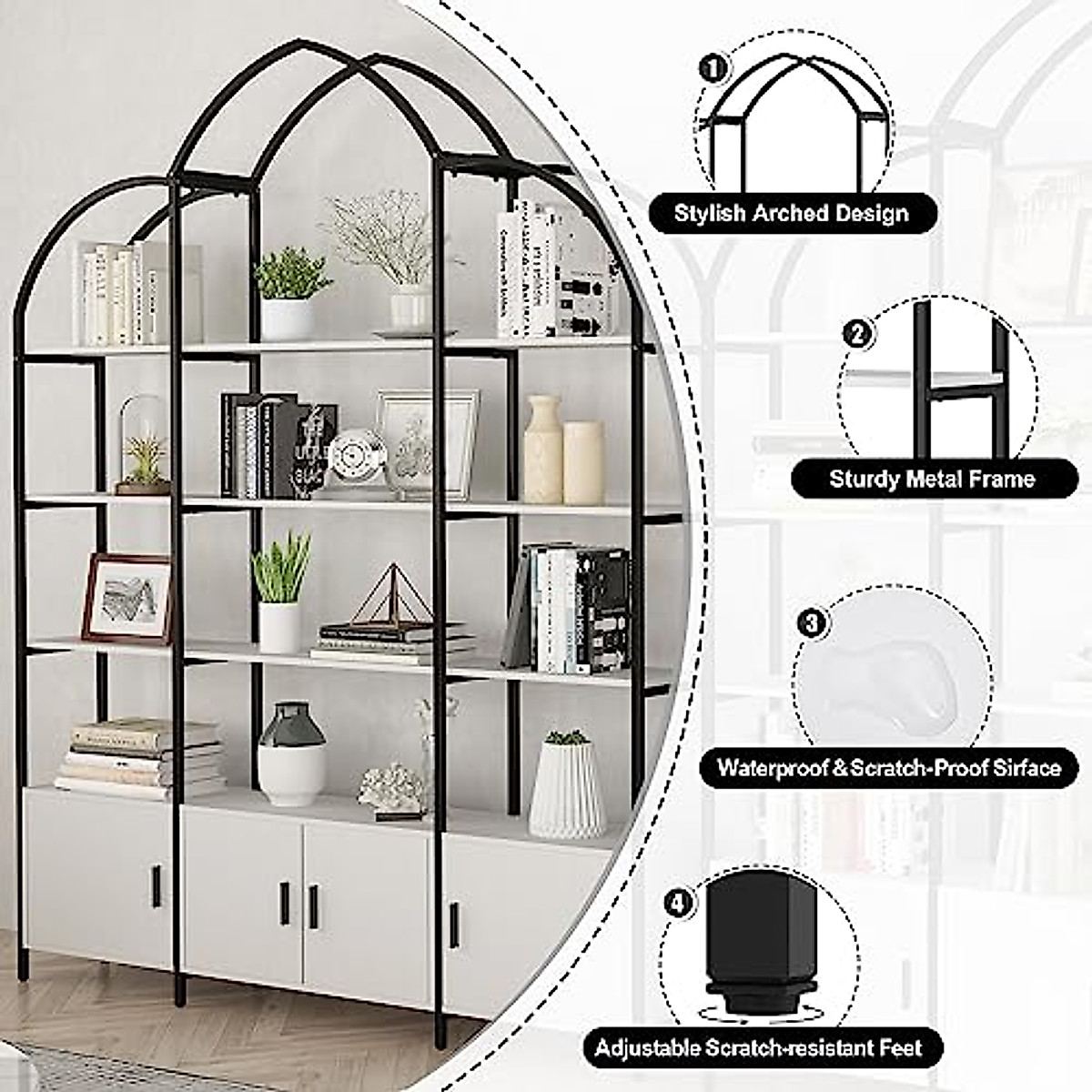 semoic Triple Wide 5-Tier Bookshelf, Extra Arched Bookcase with Storage Cabinet, Modern Etagere Bookcase Tall Open Display Shelf for Home Office