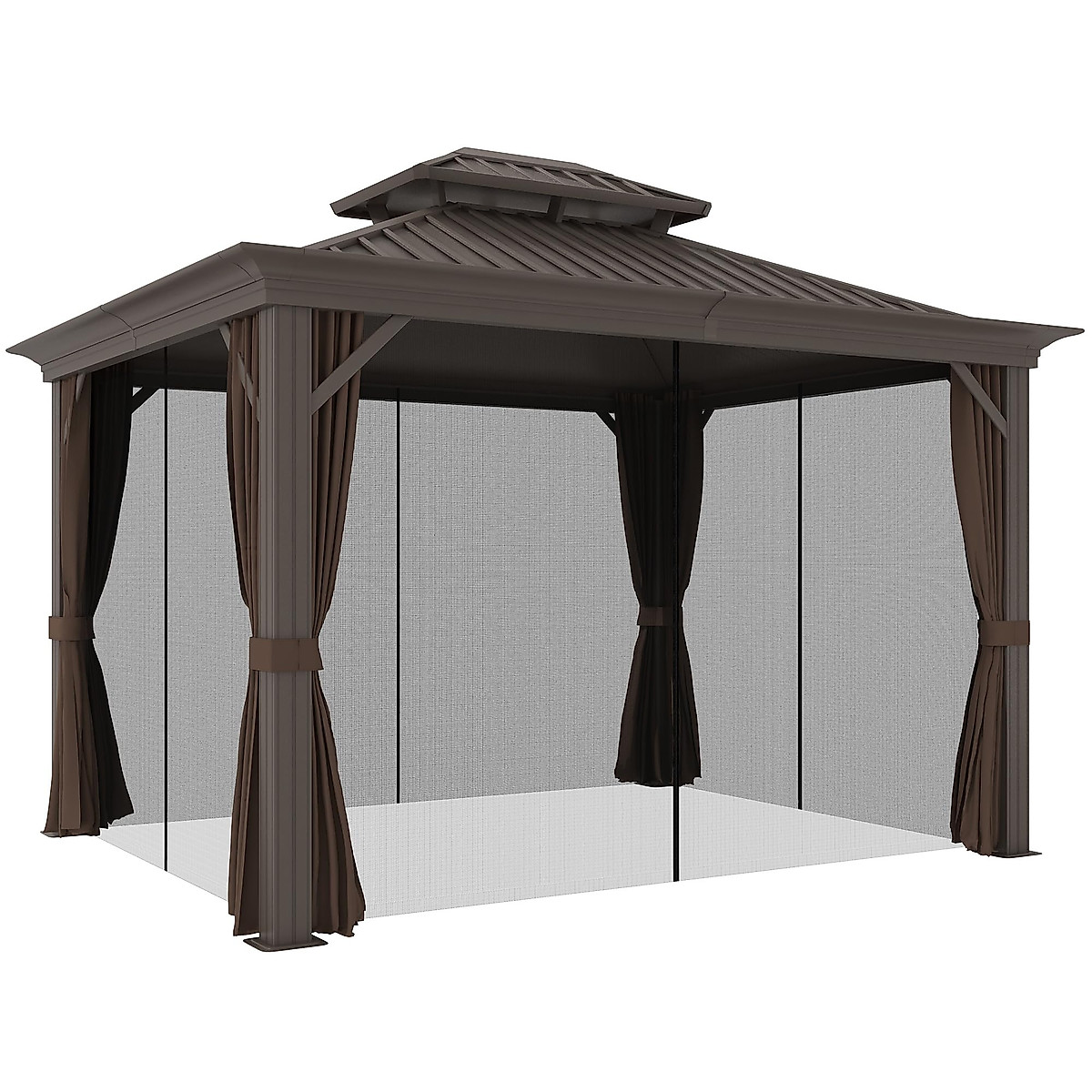 Outsunny 10' x 12' Hardtop Gazebo with Curtains and Netting, Permanent Pavilion Metal Double Roof Gazebo Canopy with Aluminum Frame and Hooks, for Garden, Patio, Backyard, Dark Brown