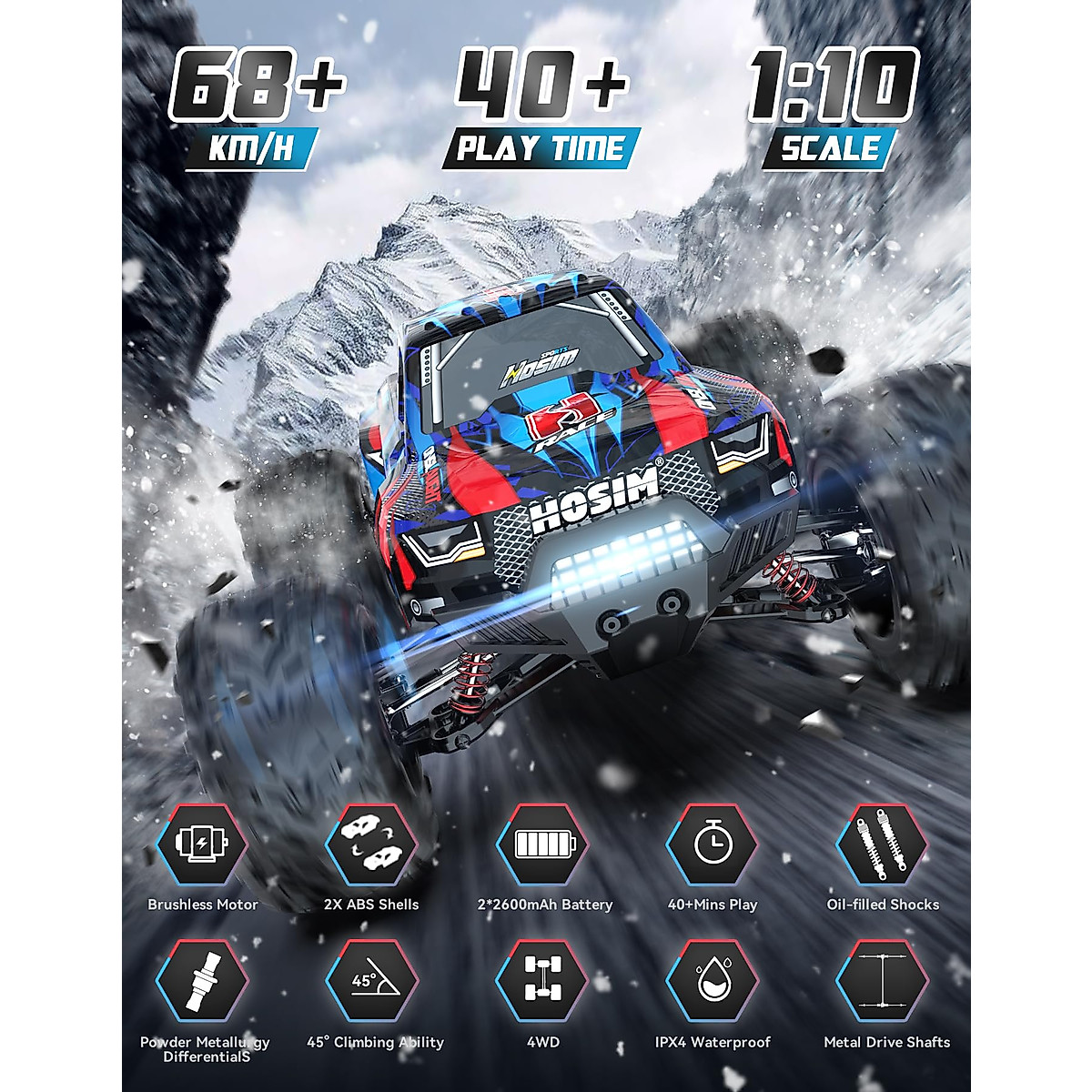 1:16 Brushless RC Cars 55+ kmh High Speed Large Remote Control Car 4x4 Off Road Monster Truck Electric All Terrain Waterproof Toys Hobby Vehicle for Kids and Adults - 2 Batteries for 40+ Min Play