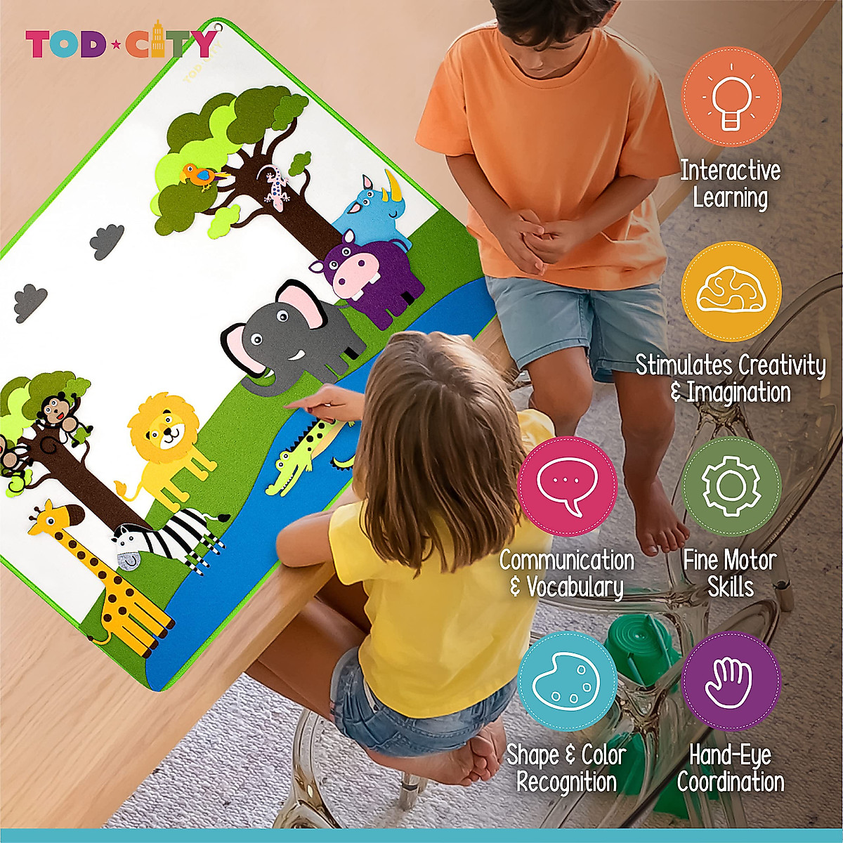 Tod City Flannel Felt Story Board Set: in The Jungle - Large Wall Hang 25 Pre-Cut Piece Interactive Learning Toy for Preschool, Kindergarten, 3+ Year Old Children