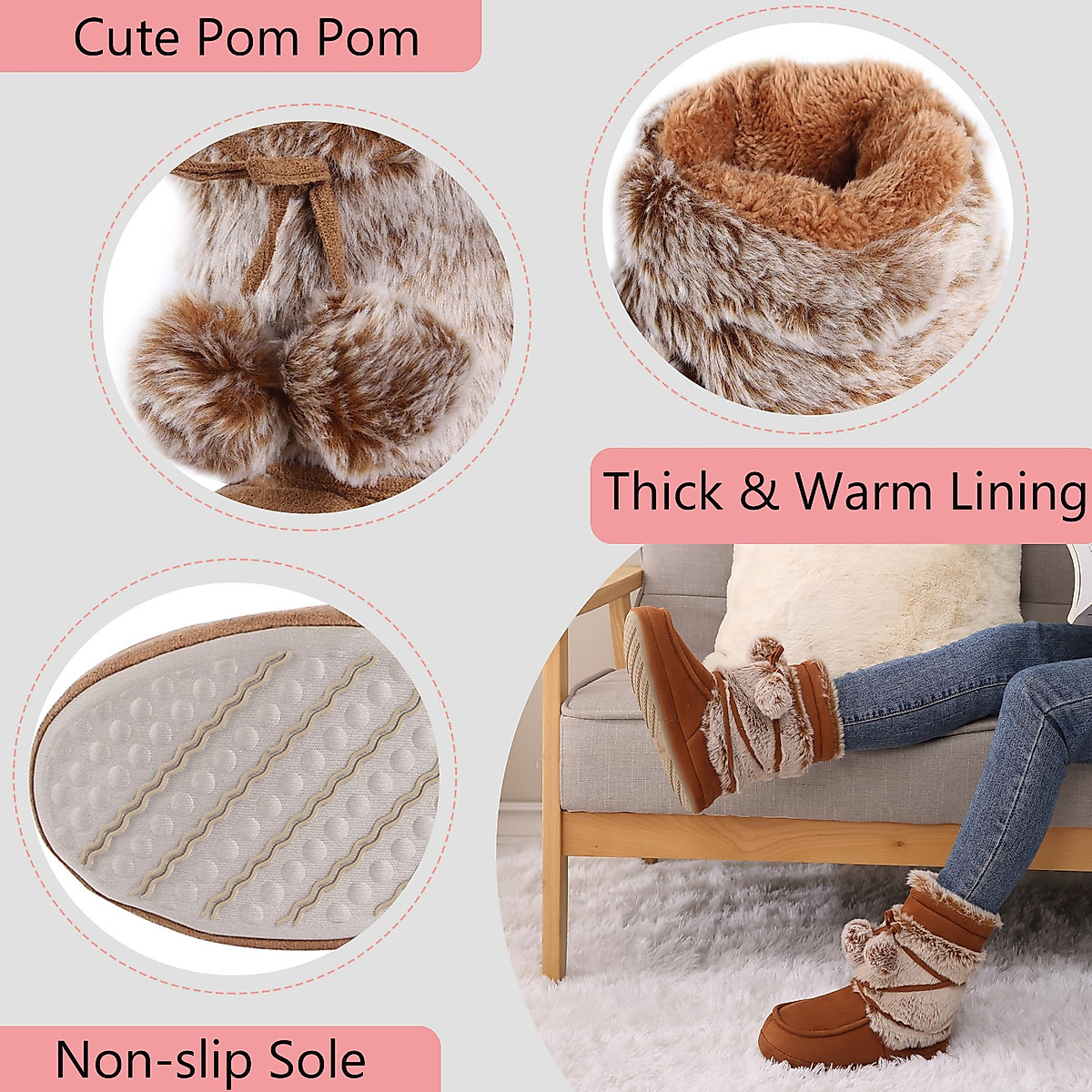 Home Slipper Womens Super Warm with Pom Poms Lined Tall Indoor Room Floor House Boots Slippers Shoes,US 7/8,Khaki