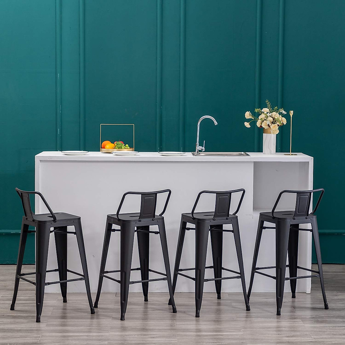 Yongqiang 26 inch Metal Barstools Set of 4 Indoor Outdoor Bar Stools with Back Kitchen Dining Counter Stools Bar Chairs Matte Black