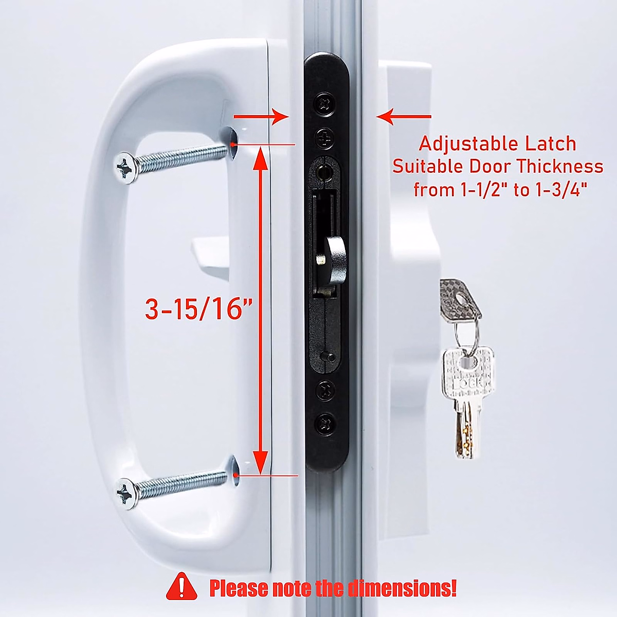Patio Sliding Door Handle Set with Mortise Lock, Perfect Replacement Sliding Door Handle with Key Lock Fits Patio Doors Thickness 1-1/2" to 1-3/4", 3-15/16" Screw Hole Spacing, Reversible Design