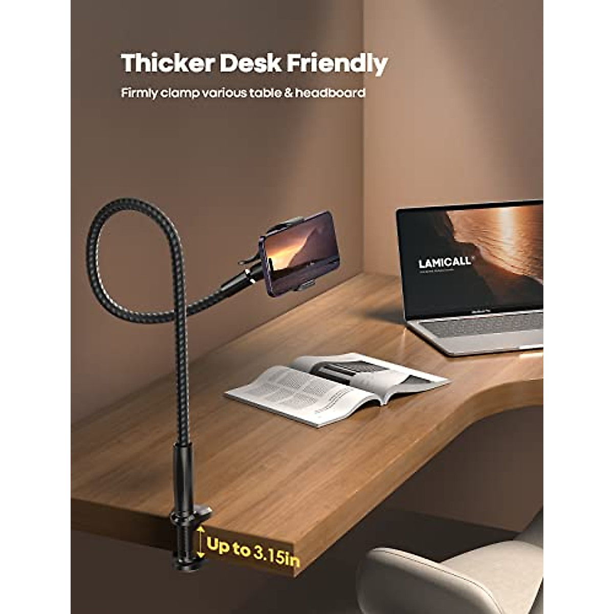 Lamicall Gooseneck Phone Holder Bed - [Newest Nylon Braided] Flexible Arm, Overall Length 38inch, 360 Adjustable Clamp Clip, Overhead Cell Phone Mount Stand for Bed, Desk, 4-7” Cellphone