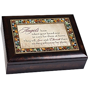 Cottage Garden Angels Care for Them at Home Sympathy Bereavement Jeweled Lid Musical Jewelry Box with Dark Burl Wood Finish - Plays On Eagle's Wings