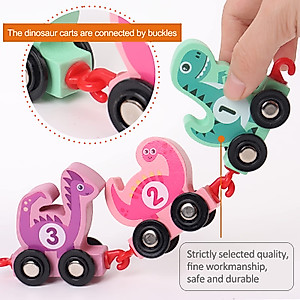 BESTAMTOY Wooden Colorful Dinosaur Number Train Toys Matching Sequencing Games Recognition Educational Learning Counting Set Building Blocks Kit