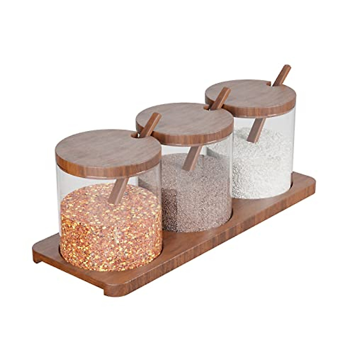 Essos Round Glass and Wood Condiment 3 pc Jars Set with spoon Tray Sugar Food Storage Containers with Wood Lids and Wooden Spoon for Coffee Spice Storage Container
