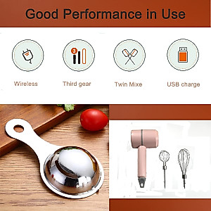 Hand Mixer, Portable Electric Cordless Handheld Mixer, 3-speed Usb Rechargeable withTwin Mixer Whips and Egg Separator for Whipping or Mixing Eggs, Butter, Cream,Kitchen Baking and Cooking (Pink)