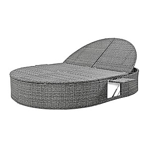 EOVTK Outdoor Rattan Daybed, Multifunctional 2-Person Sun Bed with Cushions and Pillows, Wicker Reclining Chaise Lounge with Adjustable Backrests and Foldable Cup Trays for Lawn, Poolside, Beige