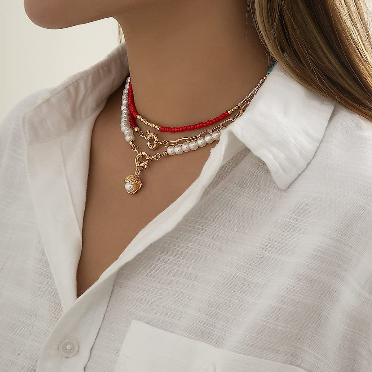 Jumwrit Bohemian Pearl Choker Necklace with Pearl Seashell Pendant Layered Necklaces Colourful Beaded Necklace Paperclip Chain Necklace for Women and Girls