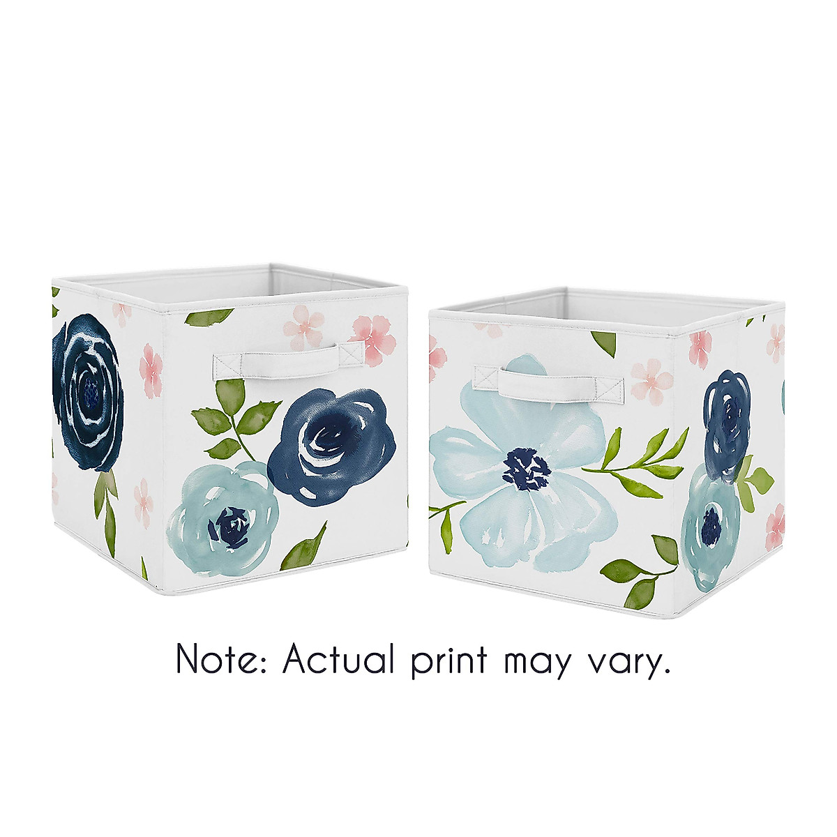 Sweet Jojo Designs Navy Blue and Pink Watercolor Floral Foldable Fabric Storage Cube Bins Boxes Organizer Toys Kids Baby Childrens - Set of 2 - Blush, Green and White Shabby Chic Rose Flower