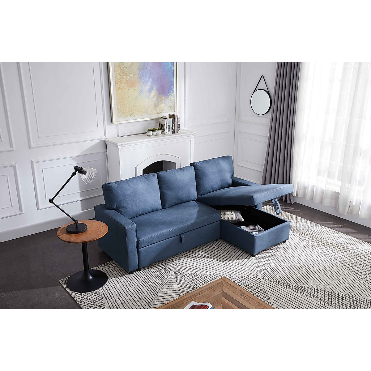 ATY Reversible Sectional Sleeper Sofa with Storage Chaise, L Shape Couch with Pull-Out Bed, Living Room Furniture, 85", Blue