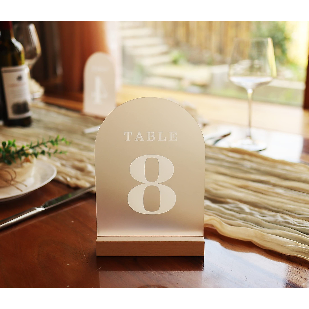 ORGANTEAM Frosted Arch Wedding Table Numbers with Wooden Stands 1-15, 5x7" Acrylic Signs and Holders, Perfect for Centerpiece, Reception, Decoration, Party, Anniversary, Event (Frosted, Number 1-15)