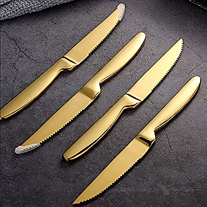 Stainless Steel Serrated Steak Knife Set of 6, BuyGo Gold Color Heavy Duty Dinner Table Knives for Cutting Meat, Beef, 8.6 Inch, Dishwasher Safe