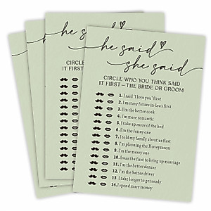 Tabyon 30 Pcs Bridal Shower Game Cards, He Said She Said, Minimalism Fill in Style Game Cards for Mr & Mrs, Engagement Party, Wedding, Newlyweds Party Supplies(Green) - B07