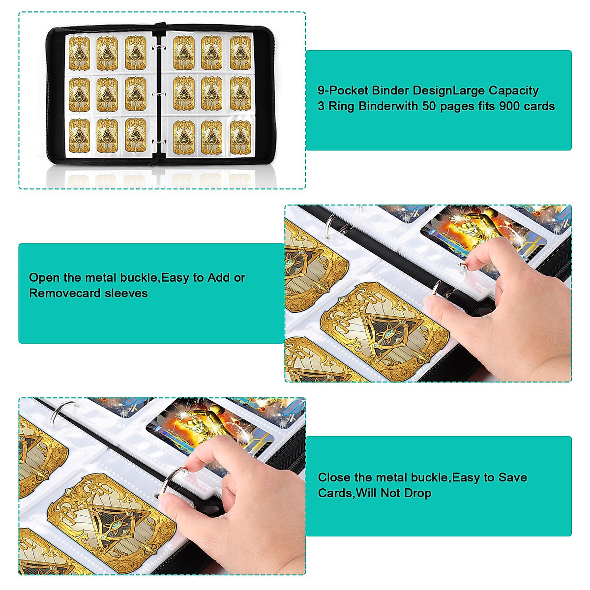 OCCKIC 9 Pocket Card Binder,Card Binder for Cards,900 Pockets Trading Card Binder with 50 Removable Sleeves,Card Binder Book for MTG, Game Cards, Baseball Sport Cards