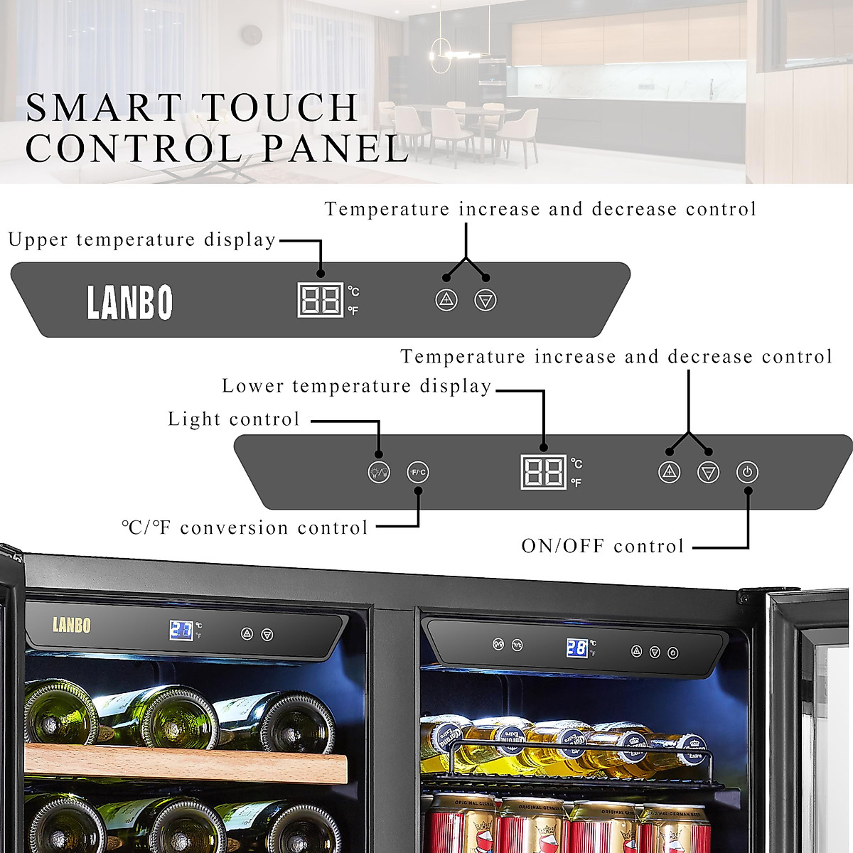 Lanbo Wine Cooler Refrigerator, 30 Inch 33 Bottle and 70 Can Under Counter Beverage Fridge with Stainless Steel Glass Door, Safety Lock and Digital Memory Touch Control