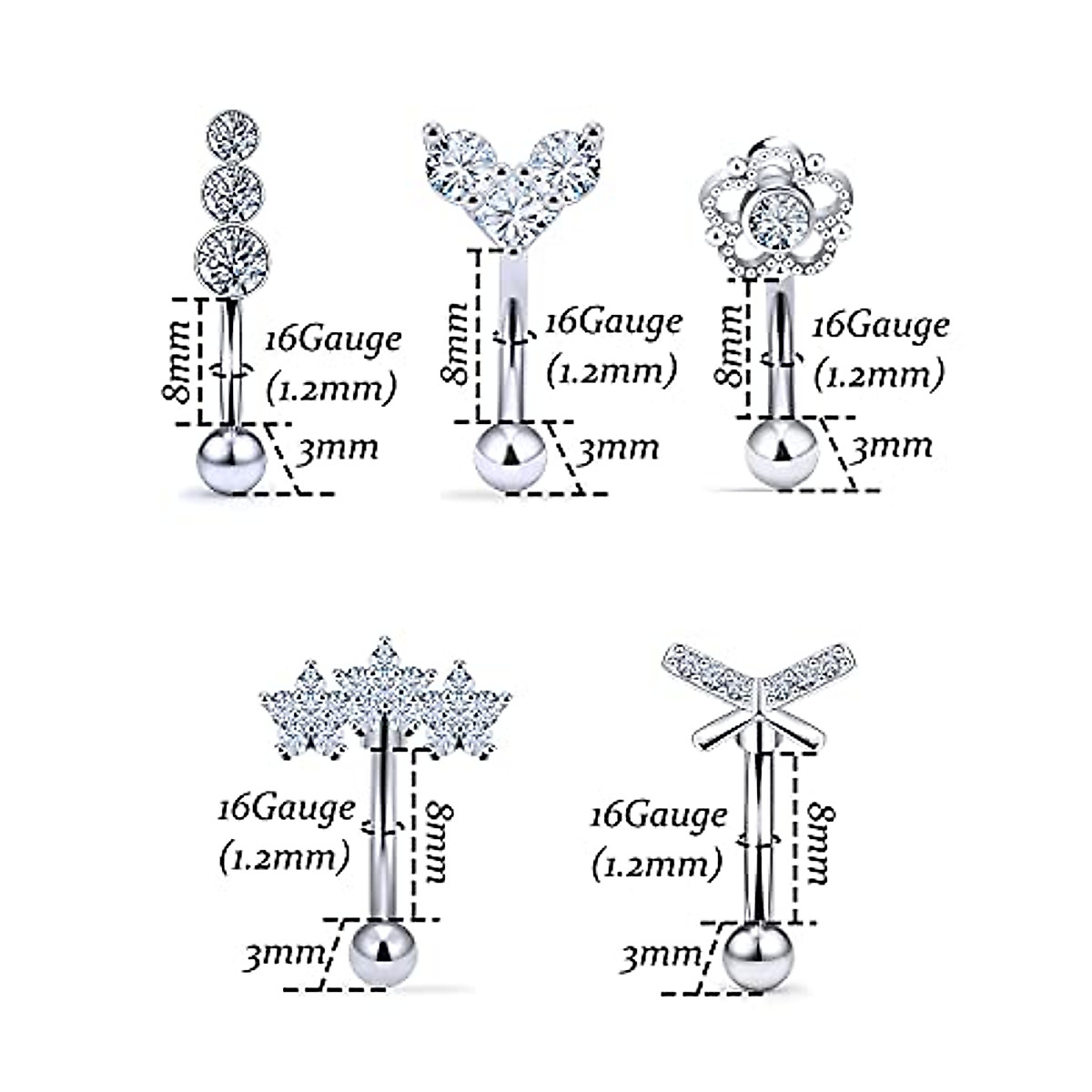 Vsnnsns 16G Rook Daith Piercing Jewelry Stainless Steel 8mm Curved Barbell Eyebrow Rings Helix Tragus Belly Lip Rings CZ Piercing Jewelry Cartilage Daith Rook Earrings for Women Men 12pcs Silve