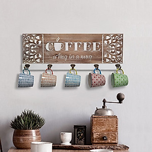 Gatheroad 24" L Vintage Farmhouse Wooden Carved Coffee Sign with 5 Hooks Mugs Rack Tea Cups Holder Wall Mounted Cup Organizer Display for Kitchen, Home, Coffee Bar, Pantry Cabinet