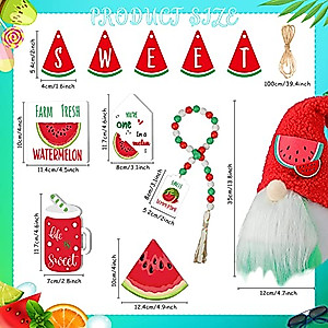 11 Pieces Watermelon Tiered Tray Decor Watermelon Wooden Kitchen Signs Watermelon Gnome Banner Beaded Garland Decor Set My Happy Summer Decor for Summer Fall Rustic Decor (Red)
