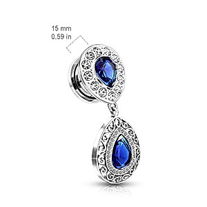 Pierced Owl Stainless Steel Blue CZ Crystal Paved Tear Drop Filigree Dangling Plug Gauges, Sold As Pair (8mm (0GA))