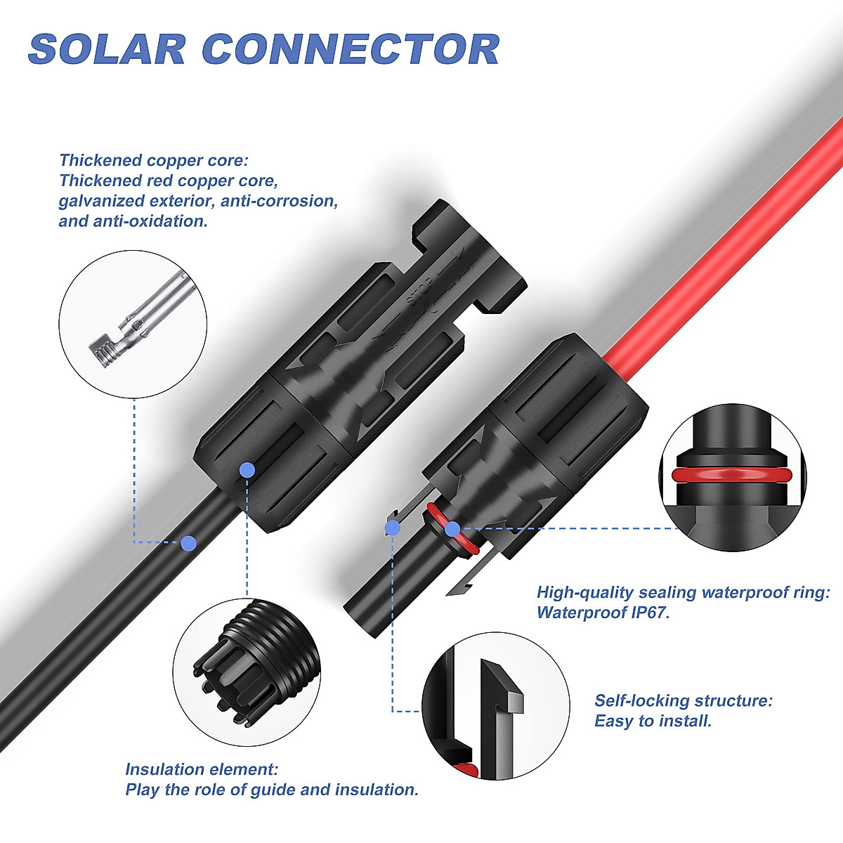 SUNSUL 20 Feet 10AWG(6mm²) Solar Panel Wire, 10 Gauge 20FT Black & 20FT Red Tinned Copper Extension Cable Kits with Female and Male Connector for RV Home Boat and Any Other Off-Grid Applications