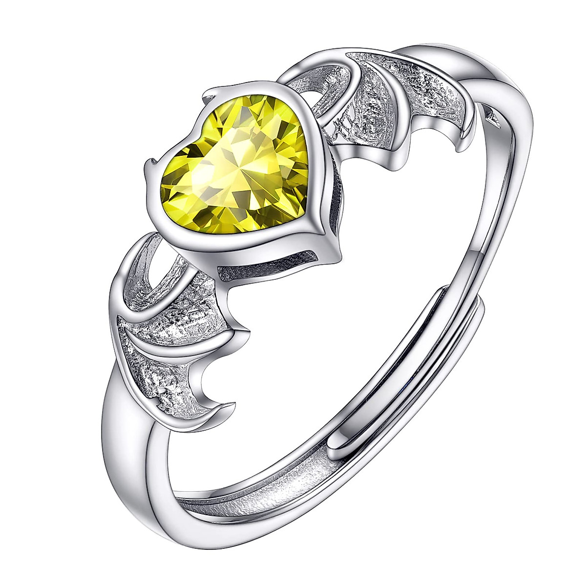 PROSILVER Cute Vampire Ring August Birthstone Silver Adjustable Wing Heart Ring for Women