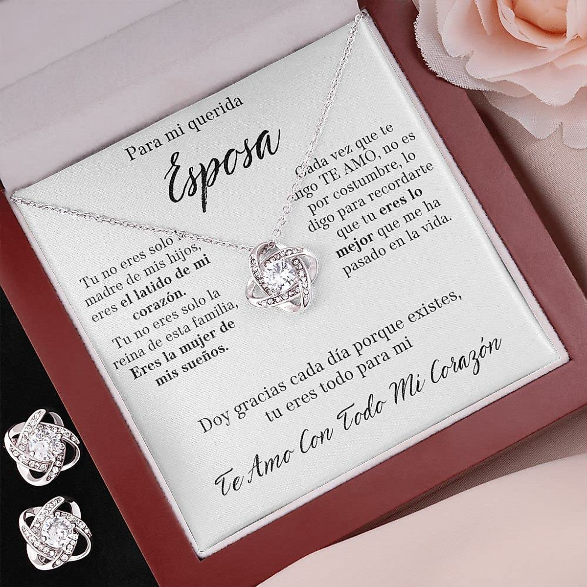 Regalo para Esposa Set de Aros y Collar El Amor De Mi Vida Regalo para Mujer Joya Collar Mensaje Personalizado Para Madre Joyería Para Mamá, Regalo Aniversario de Esposo Para Esposa Acabado Oro Blanco de 14 quilates (Luxury Box w/LED)