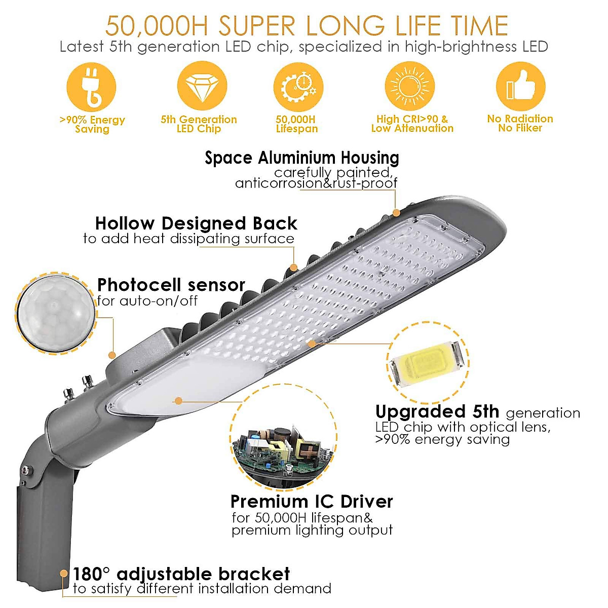 Brillirare 50W LED Parking Lot Lights with Dusk-to-Dawn Photocell Sensor, 7500LM 5000K Street Light with Adjustable Arm Mount, IP66 Waterproof Outdoor Commercial Area Road Lighting