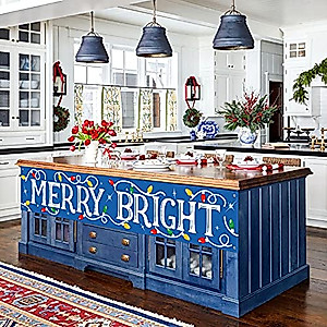 Merry Bright Banner Christmas Winter Holiday Fabric Garland Navy Blue Stars String Lights Hanging Sign Backdrop Photo Props for Wall Fence Fireplace Indoor Outdoor Home Decor Xmas Party Supplies