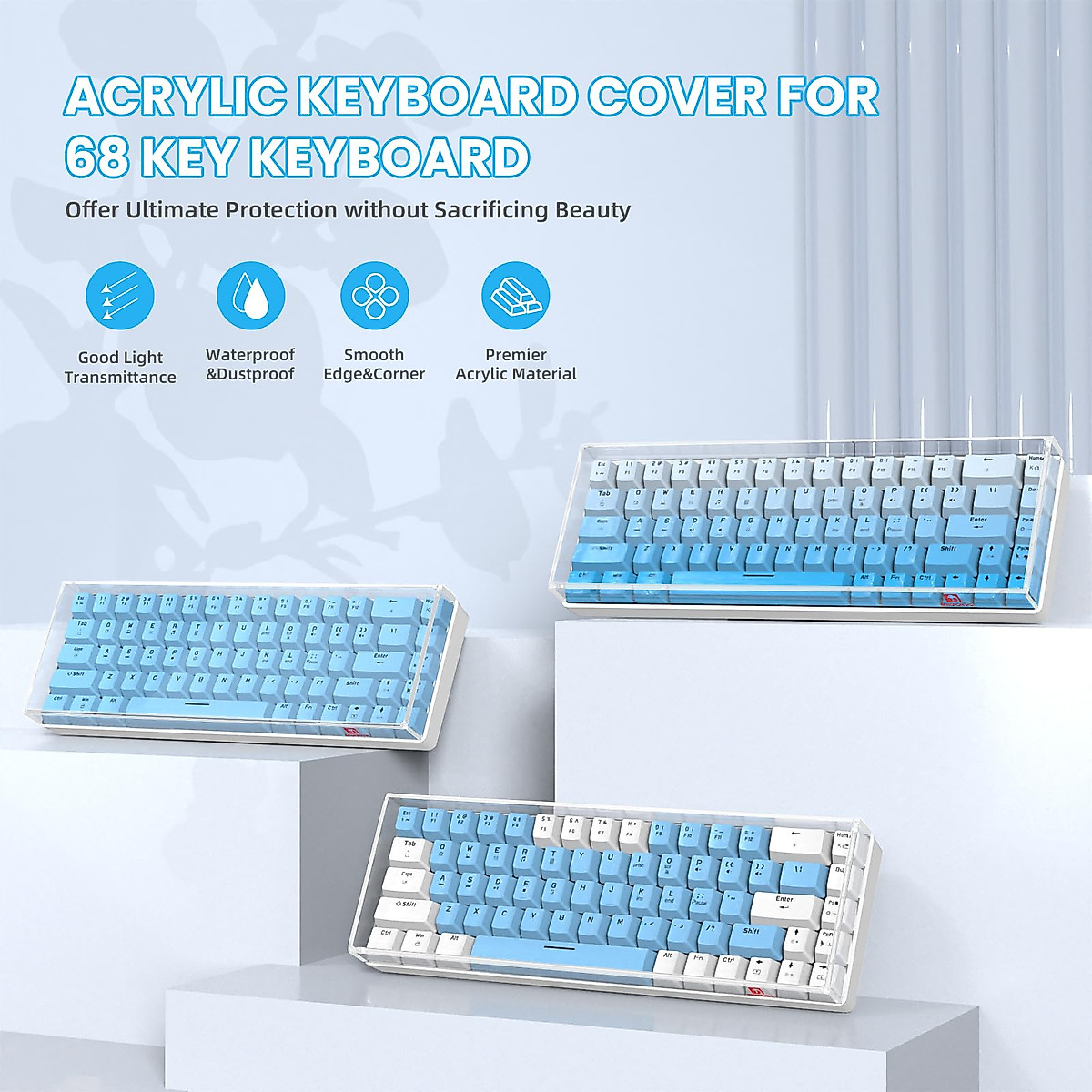 ZIYOU LANG KC02 Acrylic Clear Transparent Keyboard Cover(12.28*4*0.9’’) with Dustproof Waterproof Anti-hit Anti-cat Protective Case for 65% Small Layout 61Key 64Key 68Key Mechanical Gaming Keyboard