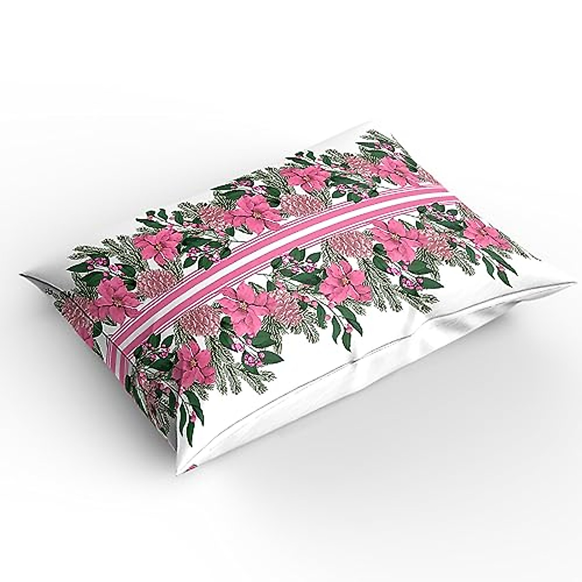 3 Pieces Duvet Cover Set Pink Poinsettia Flower Berries Green Leaf Christmas Bedding Set Queen Size Cozy Comforter Cover with Zipper Closure and Corner Ties,1 Duvet Cover and 2 Pillow Shams