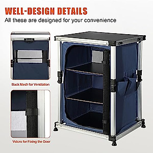 VEVOR Camping Kitchen Table Storage, Outdoor Pop-up Aluminum Portable Folding Cook Station with 3-Tier Organizer, Side Pocket & Carrying Bag, Quick Set-up for BBQ Party Backyard RV Traveling, Blue