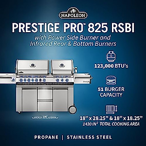 Napoleon PRO825RSBIPSS-3 Prestige PRO 825 RSBI Propane Gas Grill, sq.in. + Infrared Rear & Bottom Range Burner, Stainless Steel