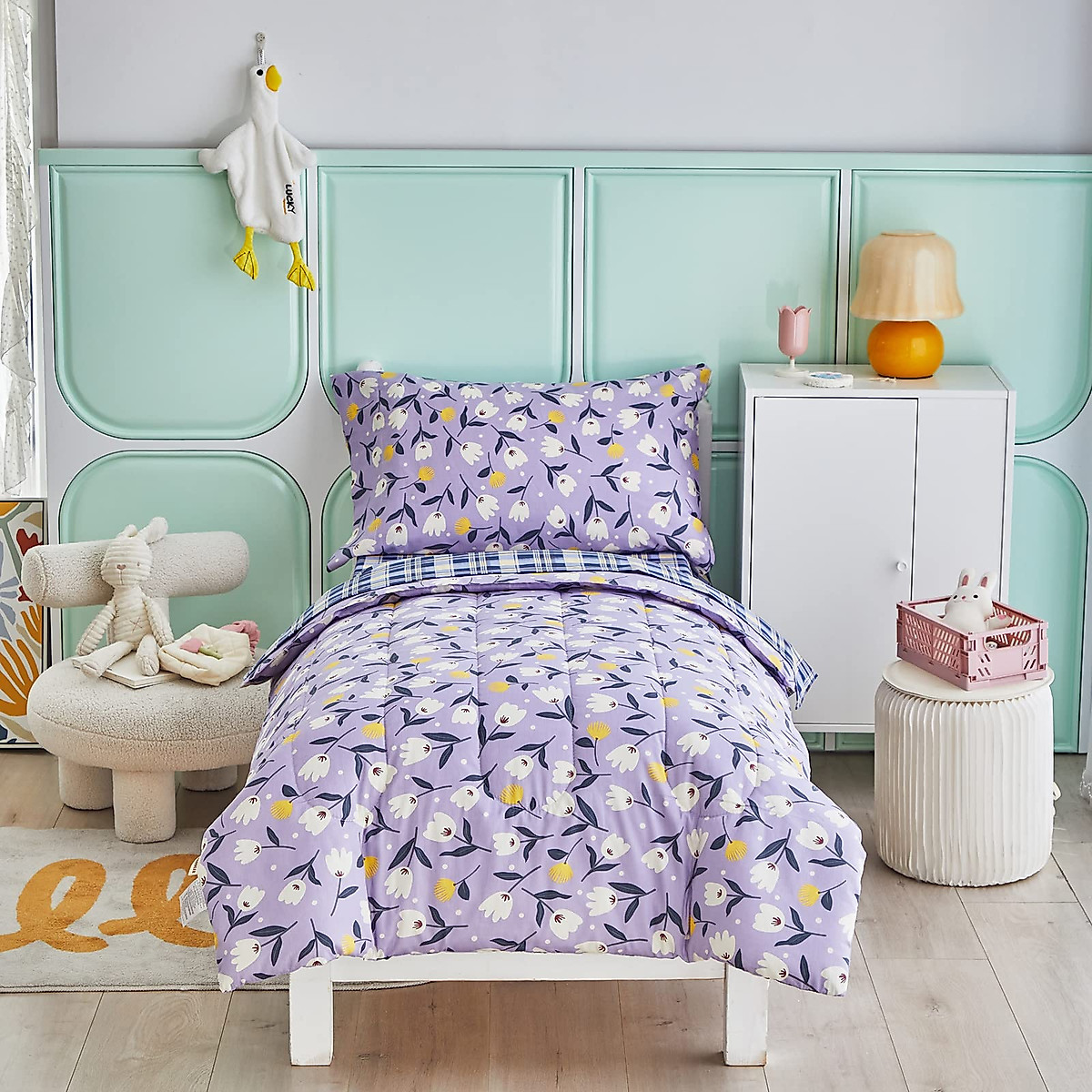 100% Cotton 4 Pieces Purple Floral Toddler Bedding Set with Yellow and White Flowers Includes Adorable Quilted Purple Comforter, Plaid Fitted Sheet, Top Sheet, and Pillow Case for Boys Girls
