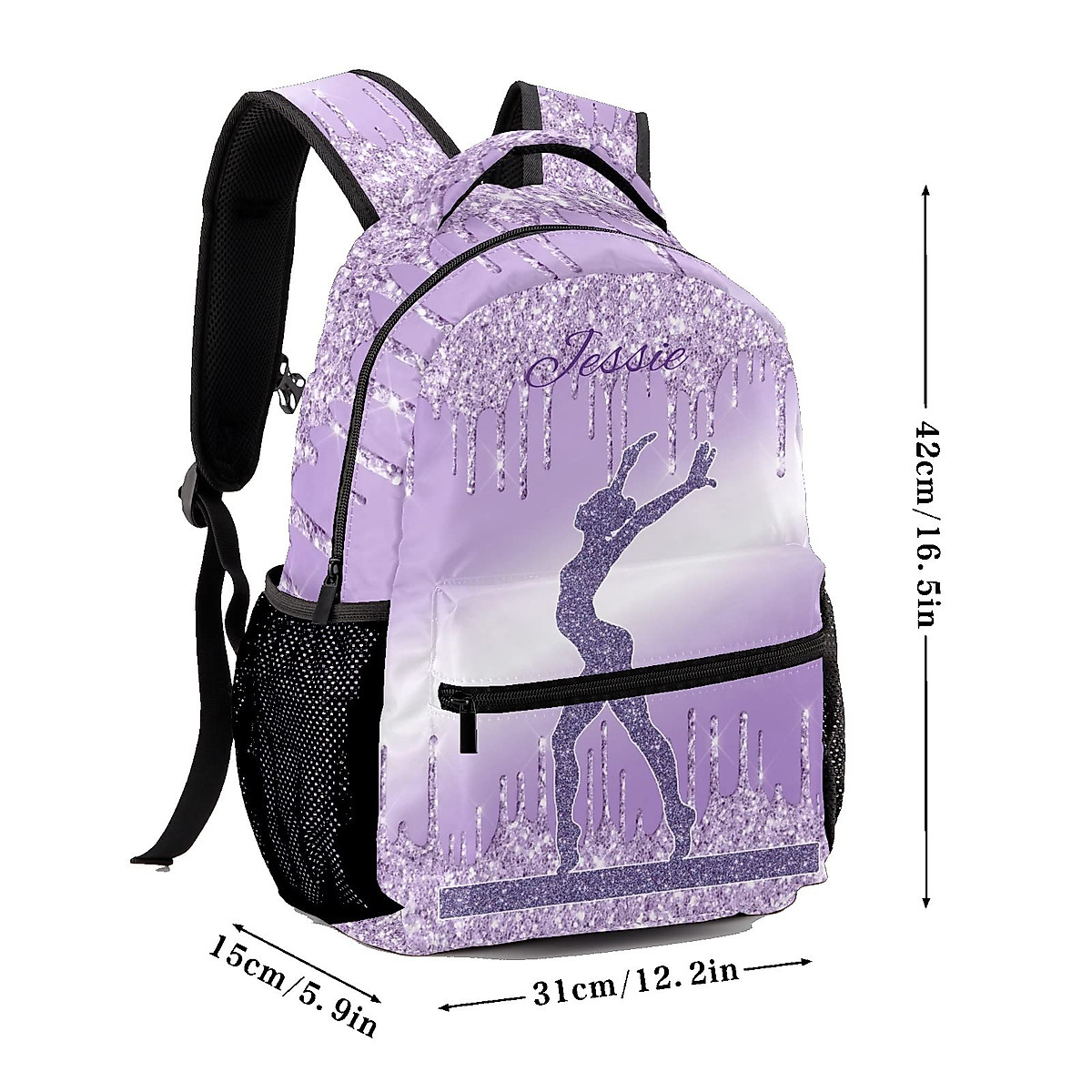 Custom Kid Backpack, Violet Purple Glitter Print Girls Gymnastics Personalized School Bookbag with Your Own Name, Casual Bookbags for Student Girls Boys