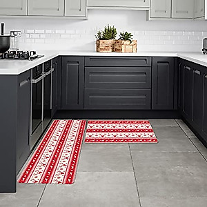 Libaoge Kitchen Mat Rug Set of 2 Christmas Elk Snowflake Xmas Tree Red Stripe Runner Rug Anti-Fatigue Comfort Memory Foam Standing Mat Non-Slip Floor Door Mat for Bathroom Bedroom 18x30in+18x60in