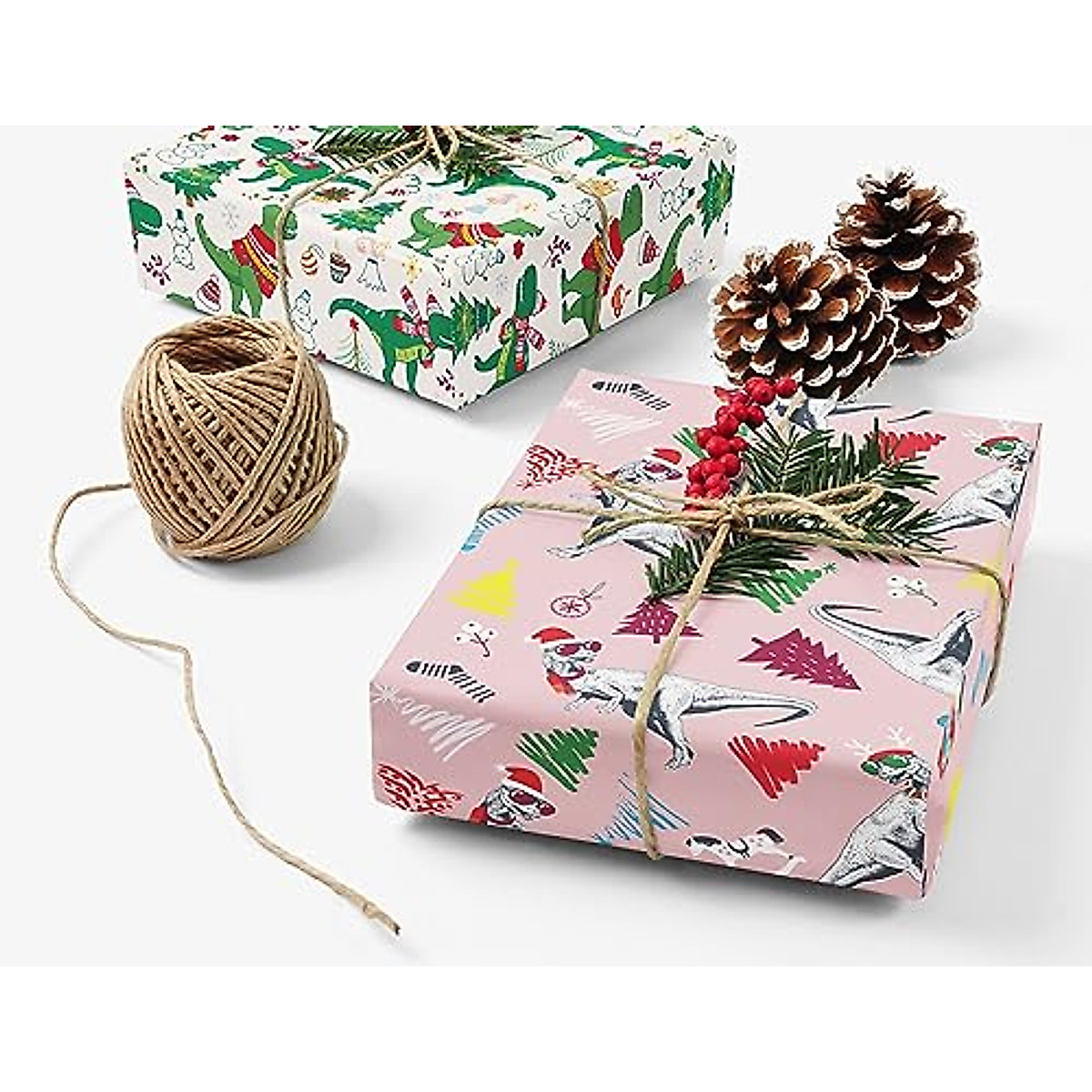 WAPLIGHAL Dinosaur Christmas Wrapping Paper for Boys Girls Kids - Funny Dinosaurs on White Pink Black Designs - Gift Wrap for Birthday, Baby Shower, Holiday - 8 Sheets, Each 20 x 29 Inches, Recycled, Easy to Store